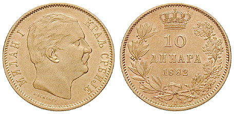 Serbien, Milan I. Obrenowitsch, König, 10 Dinara 1882, 2,9 g fein, vz