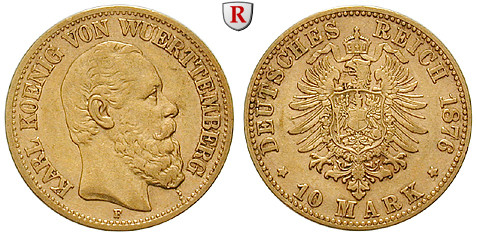 Deutsches Kaiserreich, Württemberg, Karl, 10 Mark 1876, F, ss, J. 292