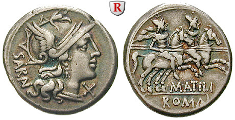 Römische Republik, M. Atilius Saranus, Denar 148 v.Chr., ss+